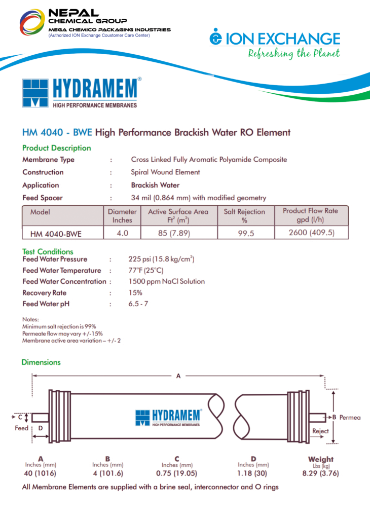 HYDRAMEM (HM 4040-BWE) High Performance Brackish Water RO Element – Nepal Chemical